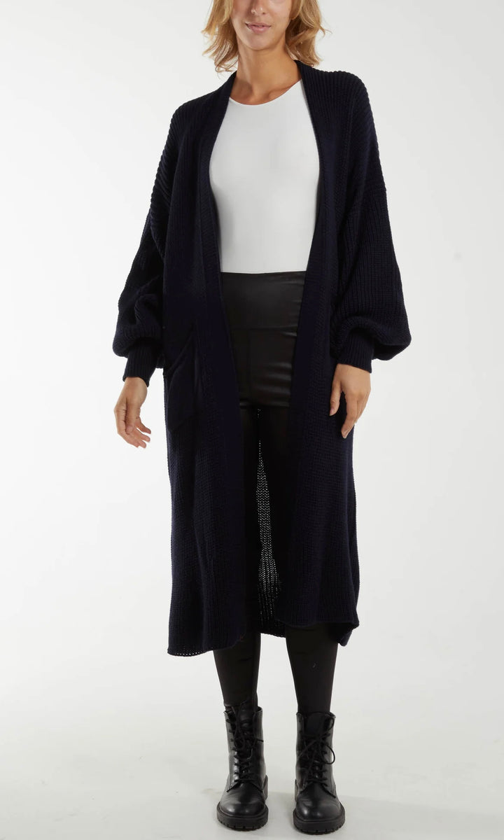 NAVY CHUNKY KNIT LONGLINE CARDIGAN – CHIC